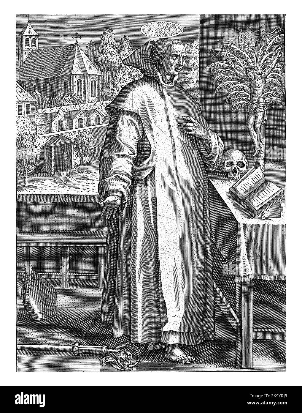 Saint Bruno wears a monk's habit and stands in front of an altar with a ...