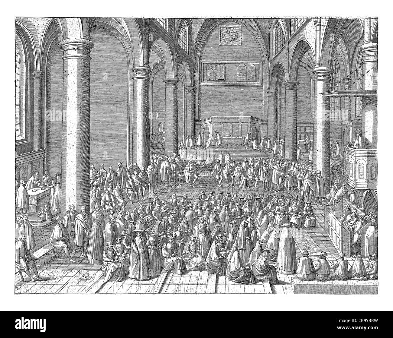 Sermon in a Protestant church. On the right the preacher on a pulpit ...