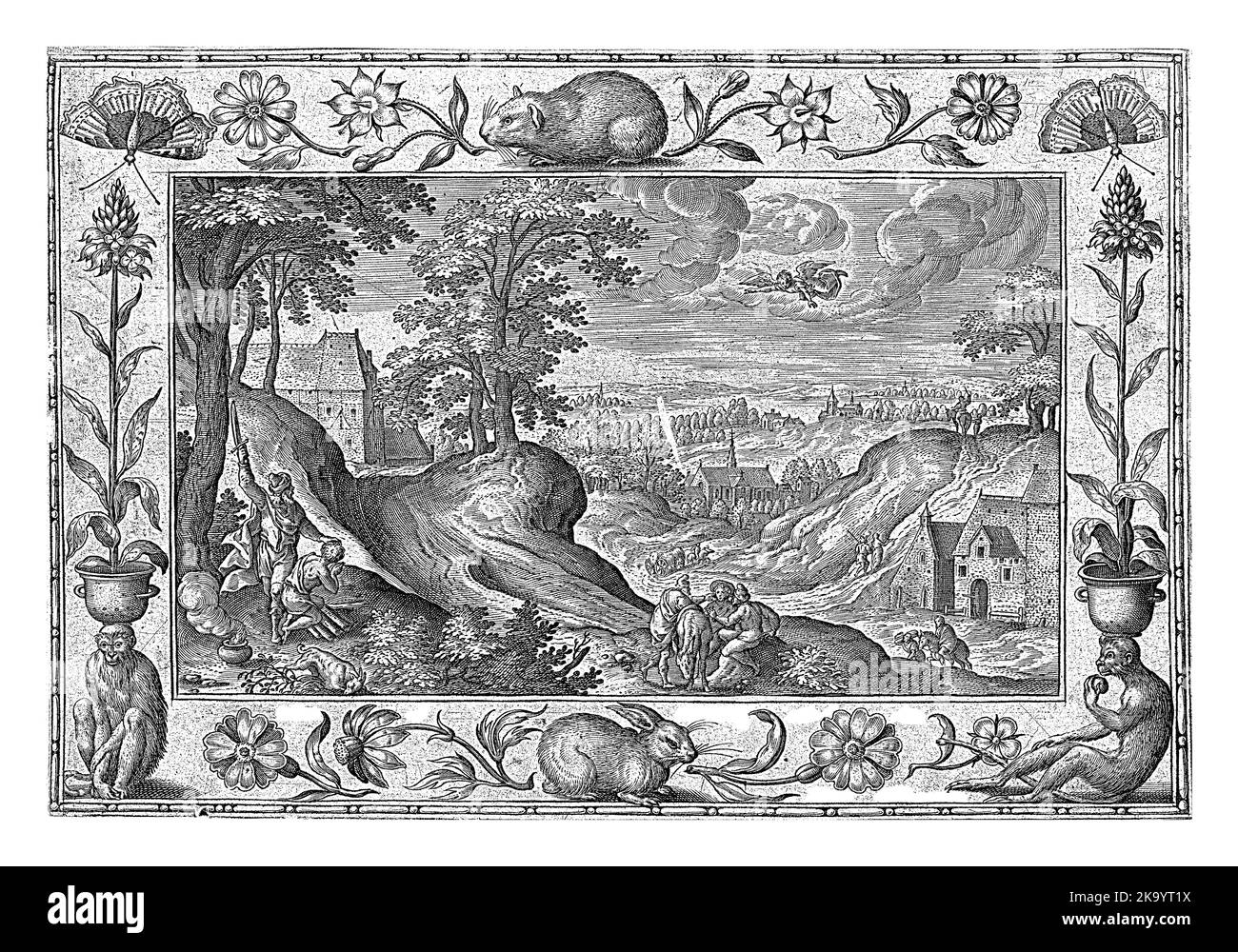 Hilly landscape with Abraham in the foreground to the left, who wants ...
