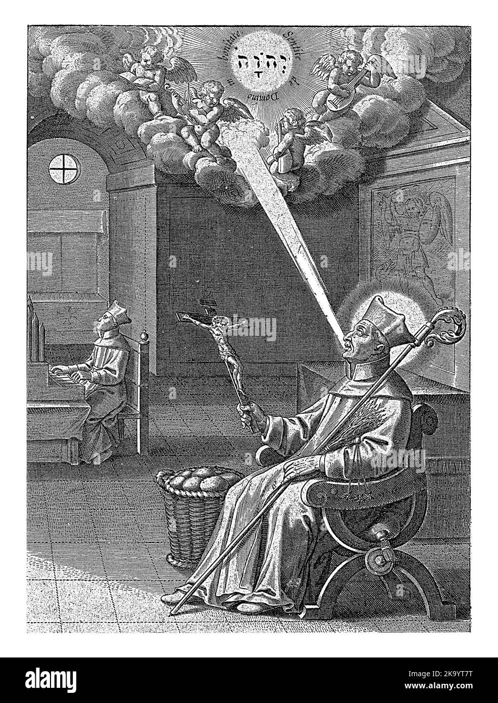 Saint Siardus of Friesland, sitting in an interior with a staff, rod ...