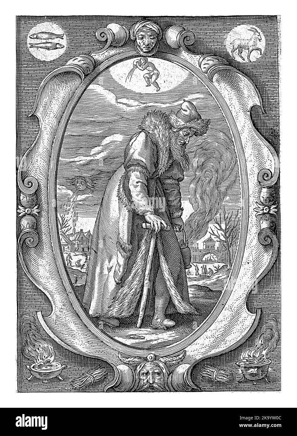 Winter (Hyems) personified by an old man leaning on a stick and a ...