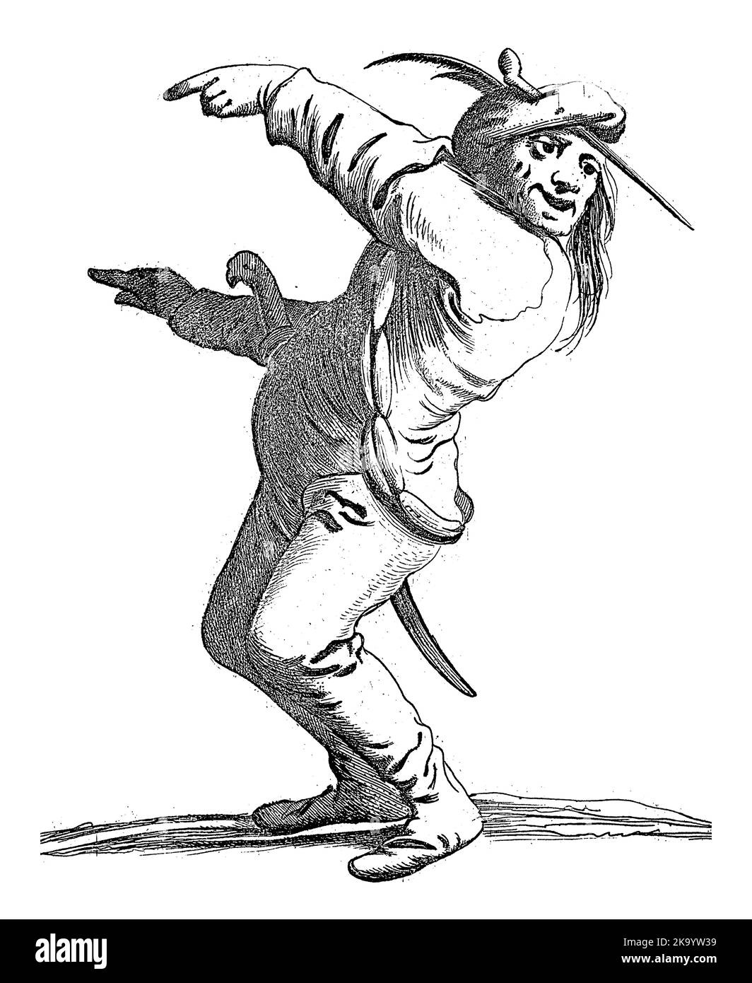 Hansworst points to the left and wears a hat with feathers on it and a ...