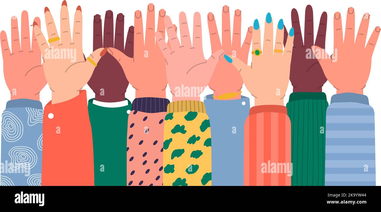 Set of hands raised up. Human hands different skin colors. Human arms ...