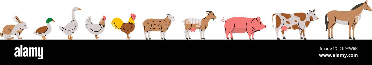 Set of Farm animals. Rabbit, Duck, Goose, Chicken, Rooster, Sheep, Goat ...