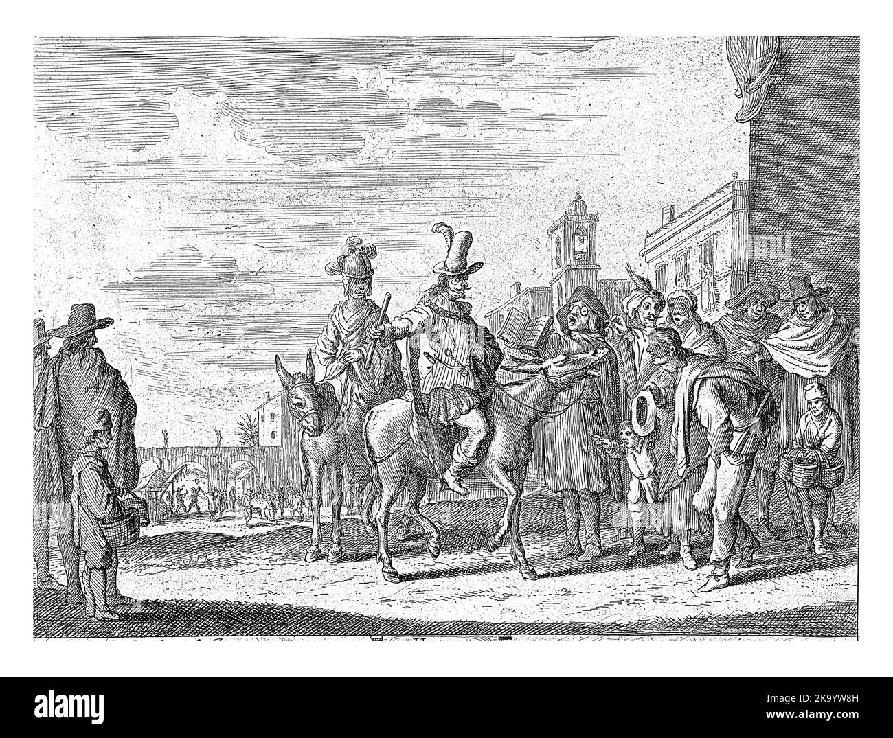 A group of men in costume stands in a square. One of them bows to a ...