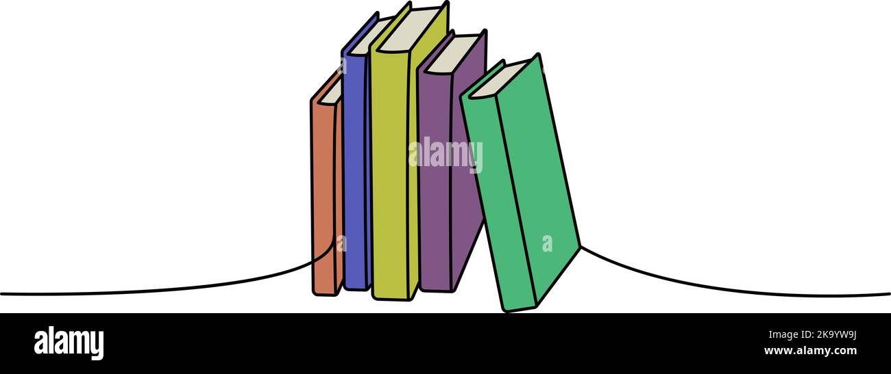 Stack of books one line colored continuous drawing. Bookstore, library ...
