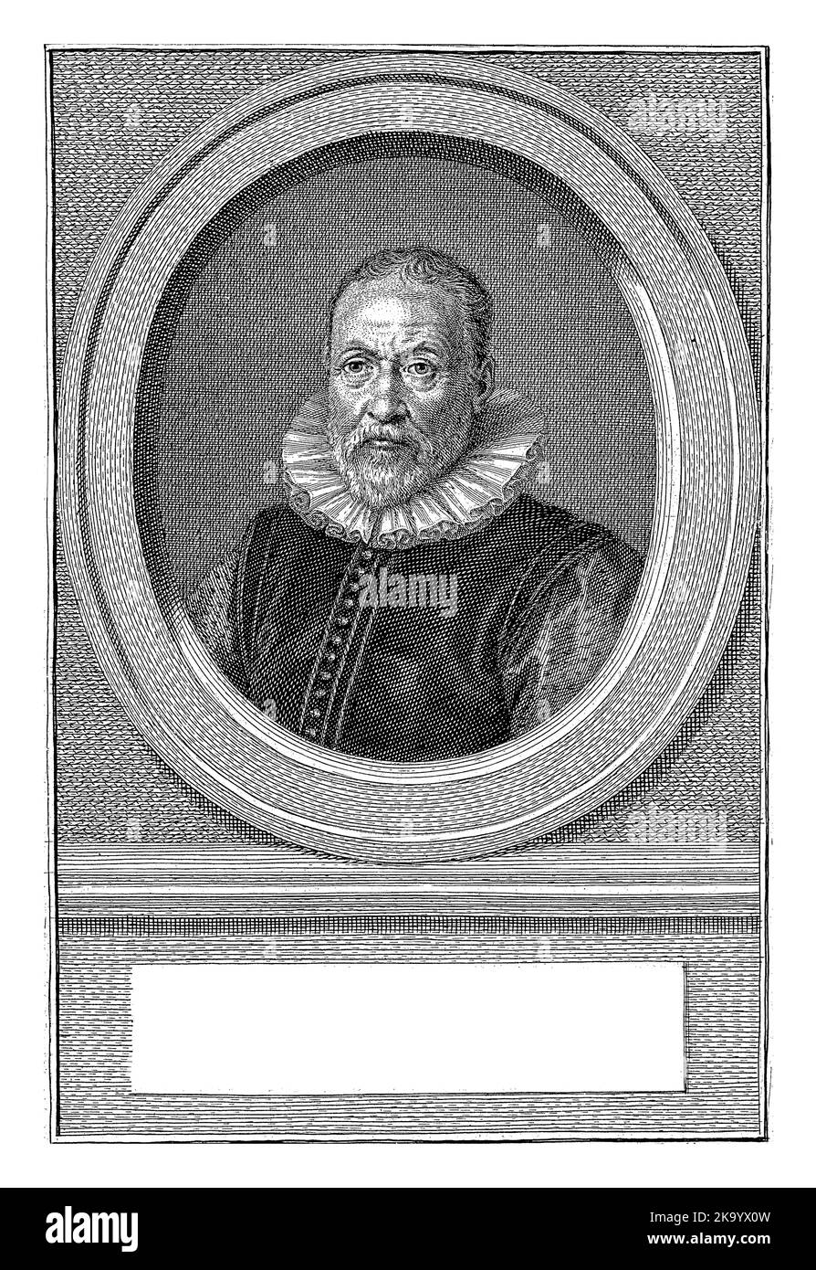 Bust of Jan van Hout in an oval. The portrait rests on a plinth on ...