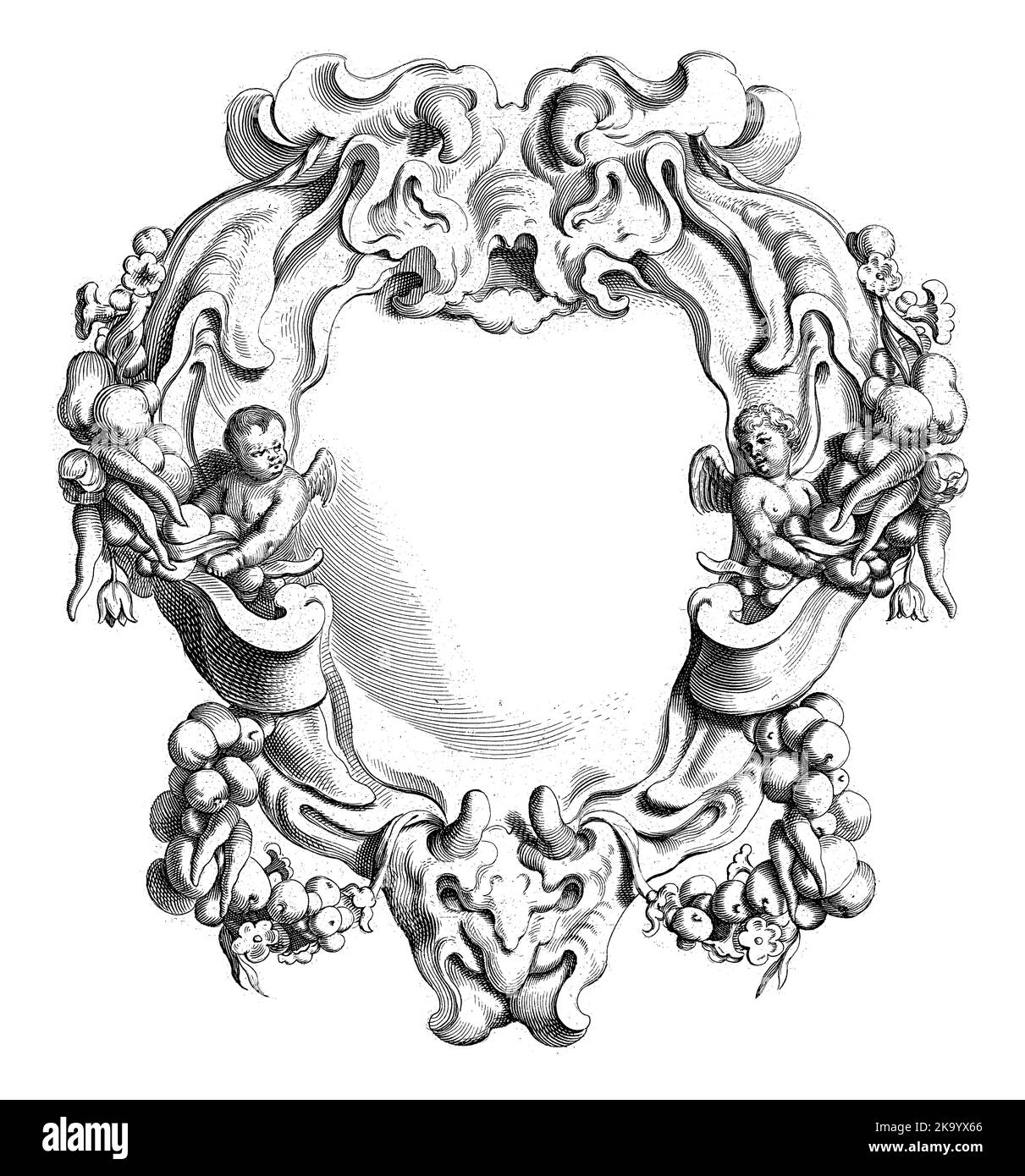 A mask at the top and bottom. Left and right a putto holds a garland of ...