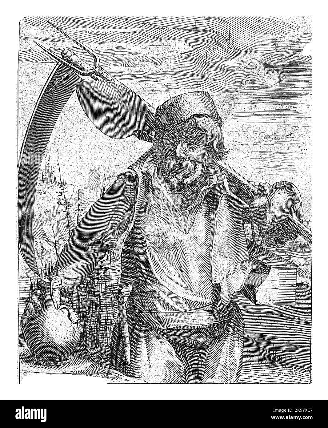 A farmer with his tools (spade, prong and scythe) over his shoulder. In ...