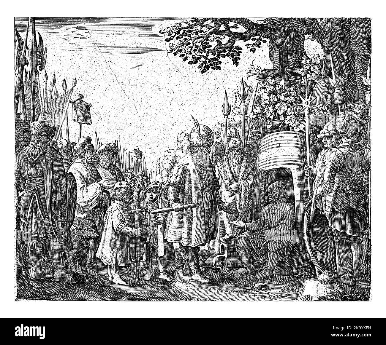 Alexander the Great, accompanied by pages and warriors. Right Diogenes ...