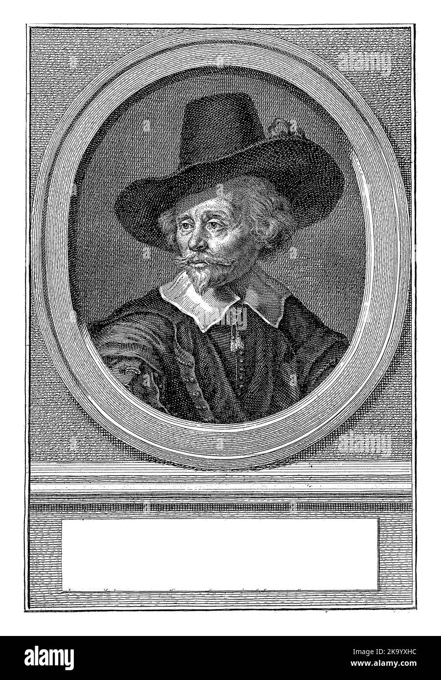 Bust of Samuel Coster in an oval. The portrait rests on a plinth on ...