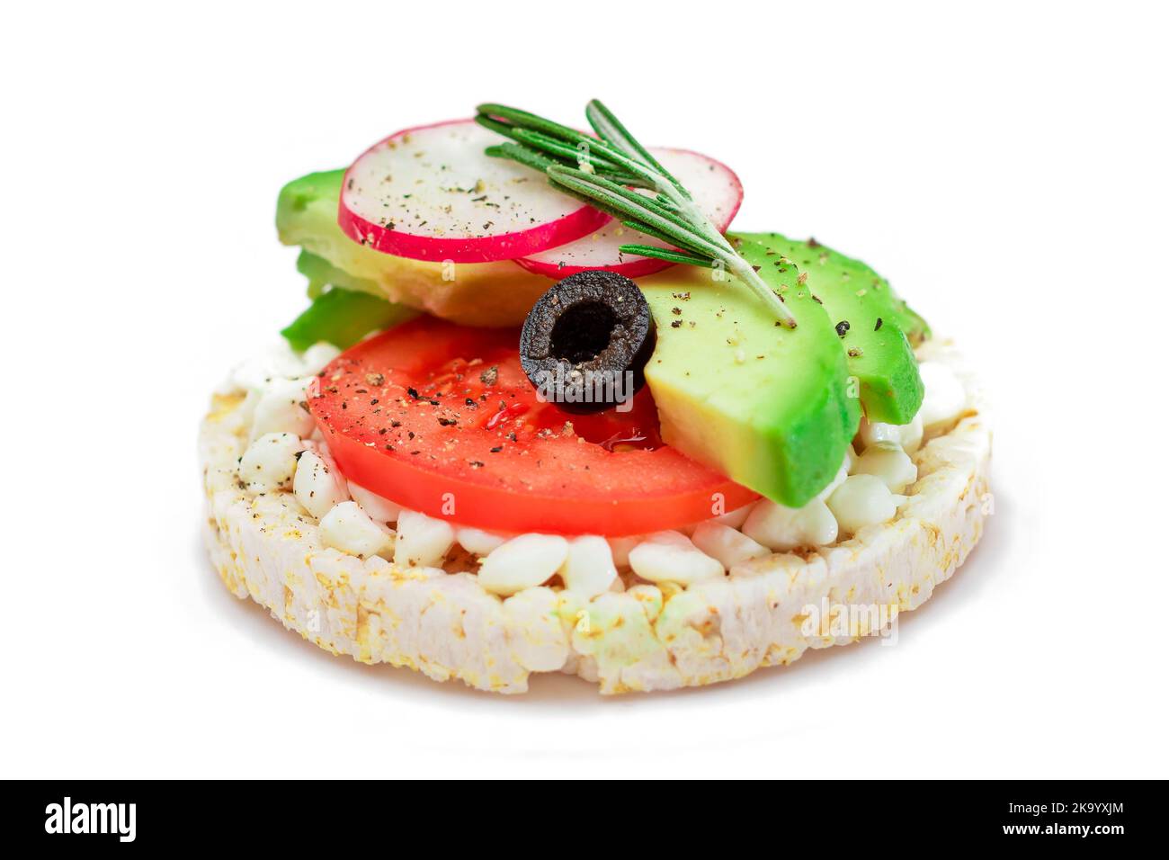 Rice Cake Sandwich with Avocado, Tomato, Cottage Cheese, Olives and ...