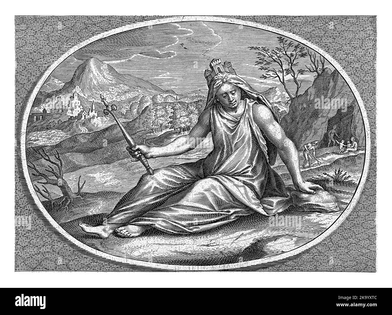 Female personification of element earth with mural crown and scepter ...