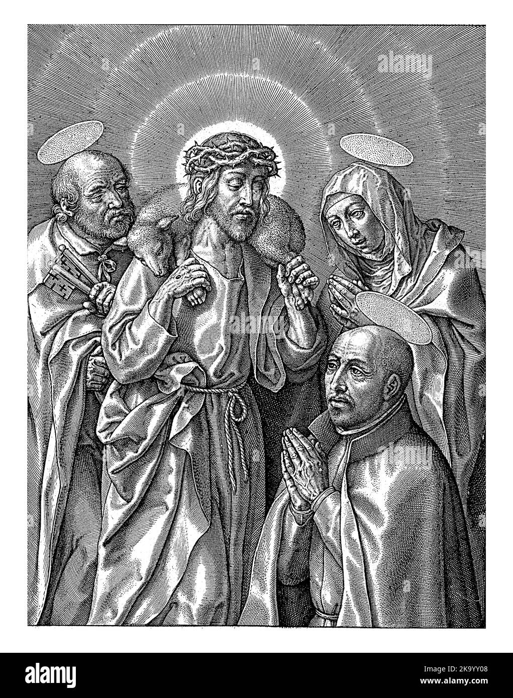 Ignatius of Loyola kneels with folded hands before Christ carrying a ...