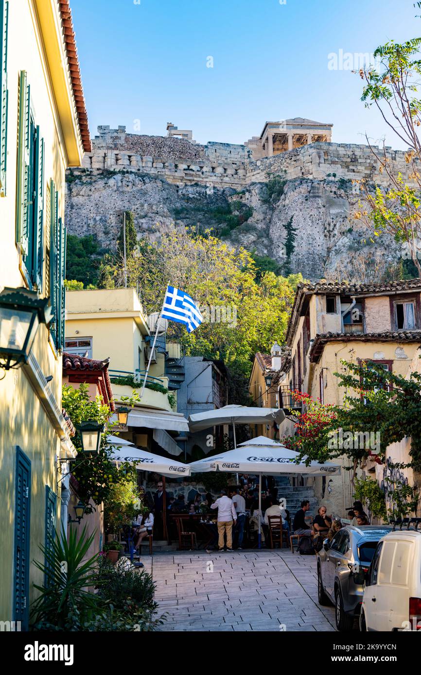 Greek streets with on the background the Parthenon on the Acropolis of ...
