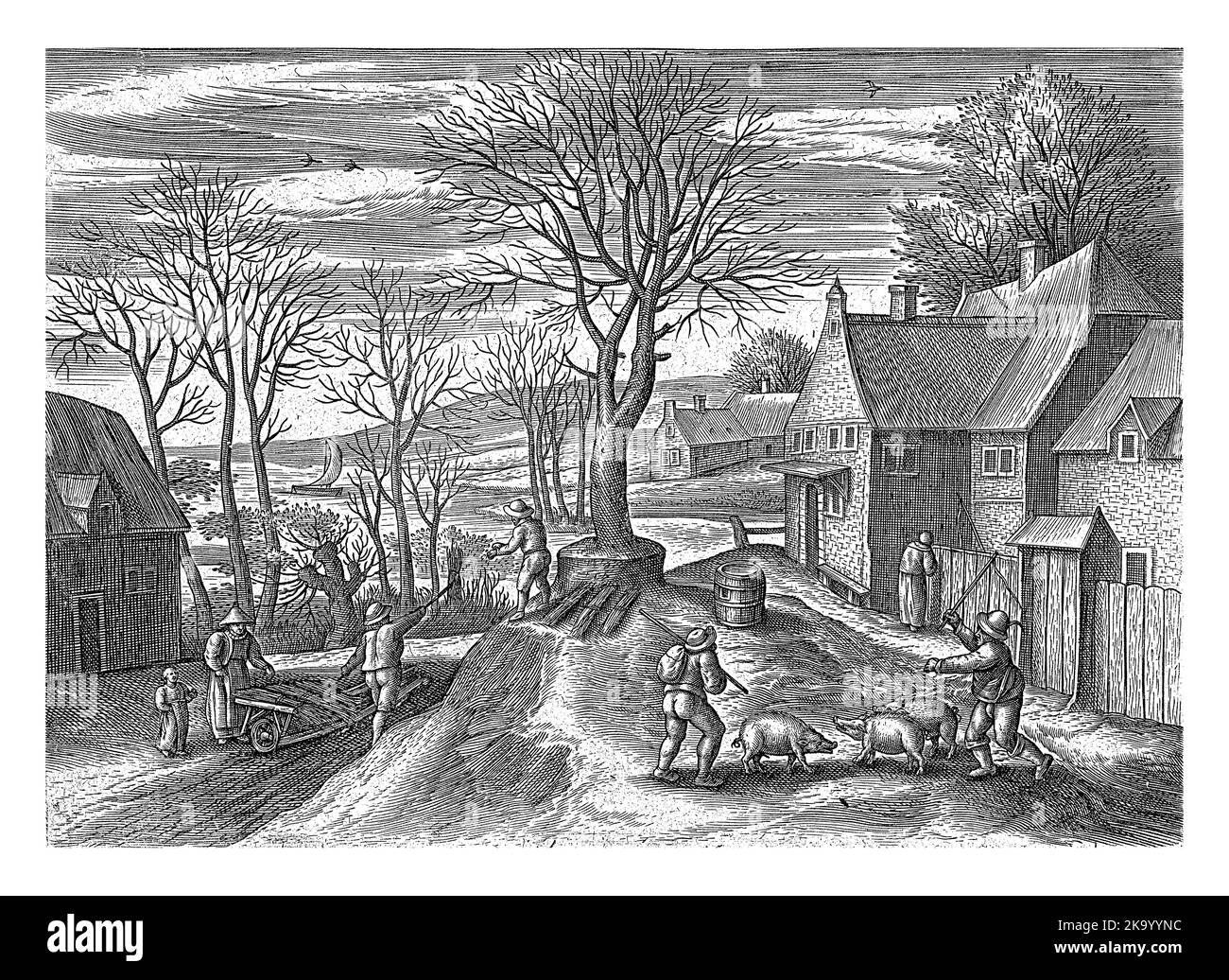 Winter landscape with winter scenes. February is the gleaning month ...