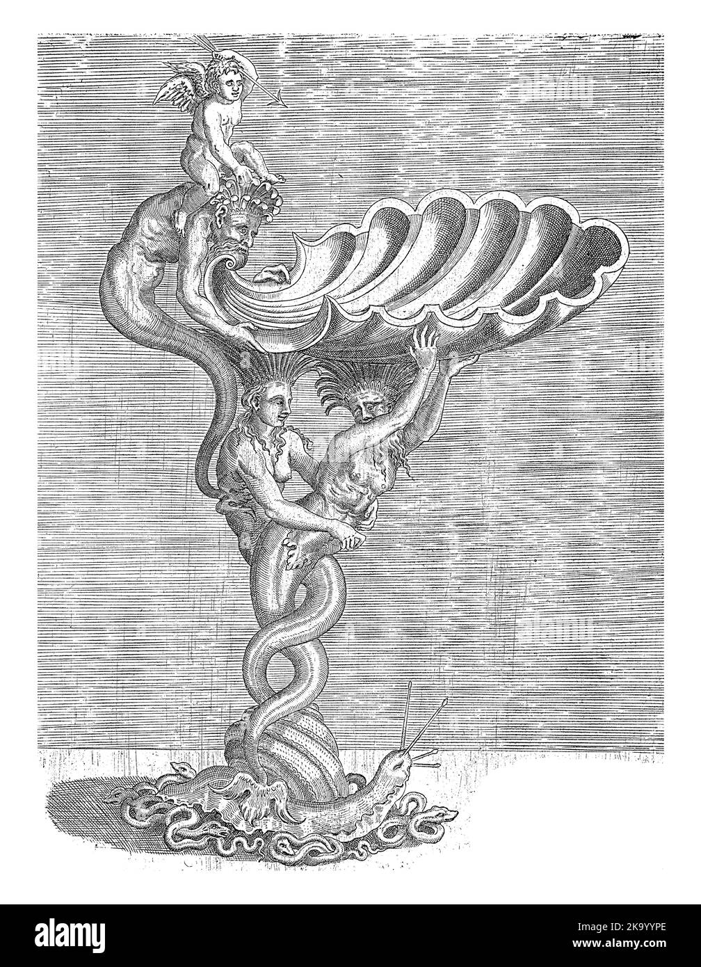 Bowl in the shape of a shell, carried by a mermaid and a merman ...