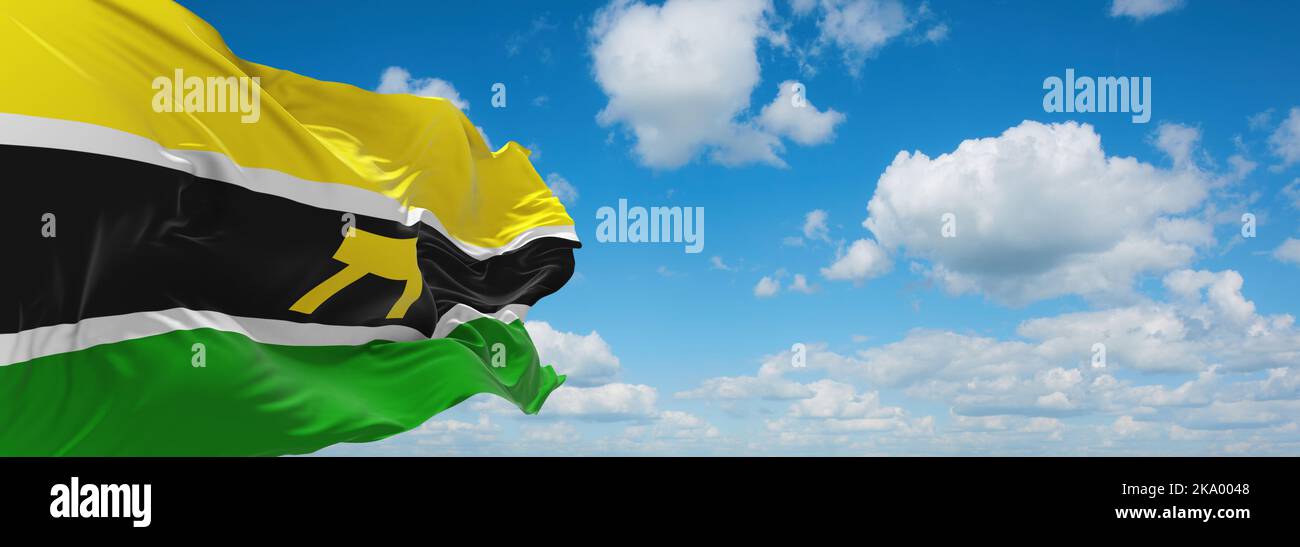 flag of Ashanti, africa at cloudy sky background, panoramic view. flag ...