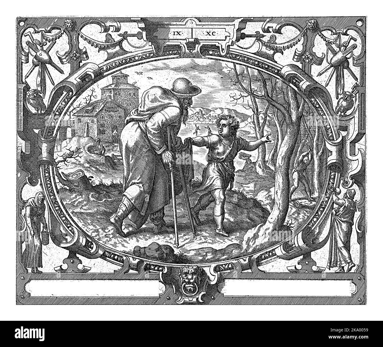 In an oval frame decorated with ornaments, a representation of an old ...