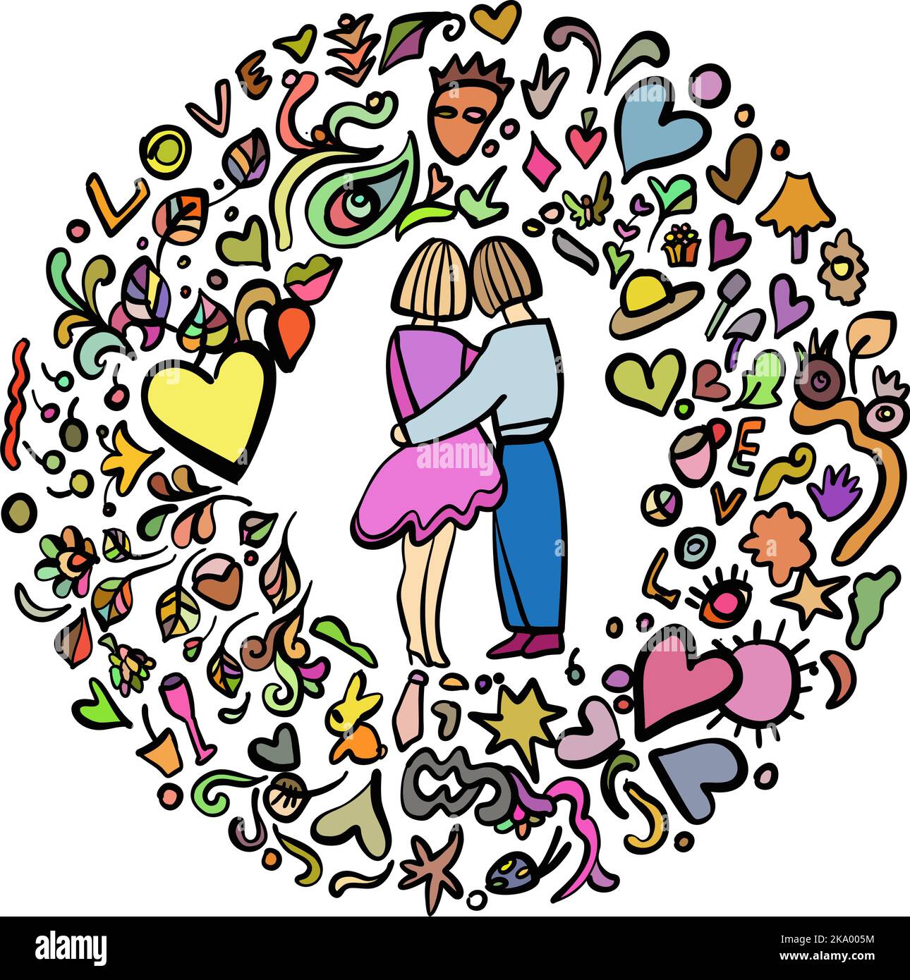 Hand Drawn Color Illustration Doodle Of Loving Couple Stock Vector