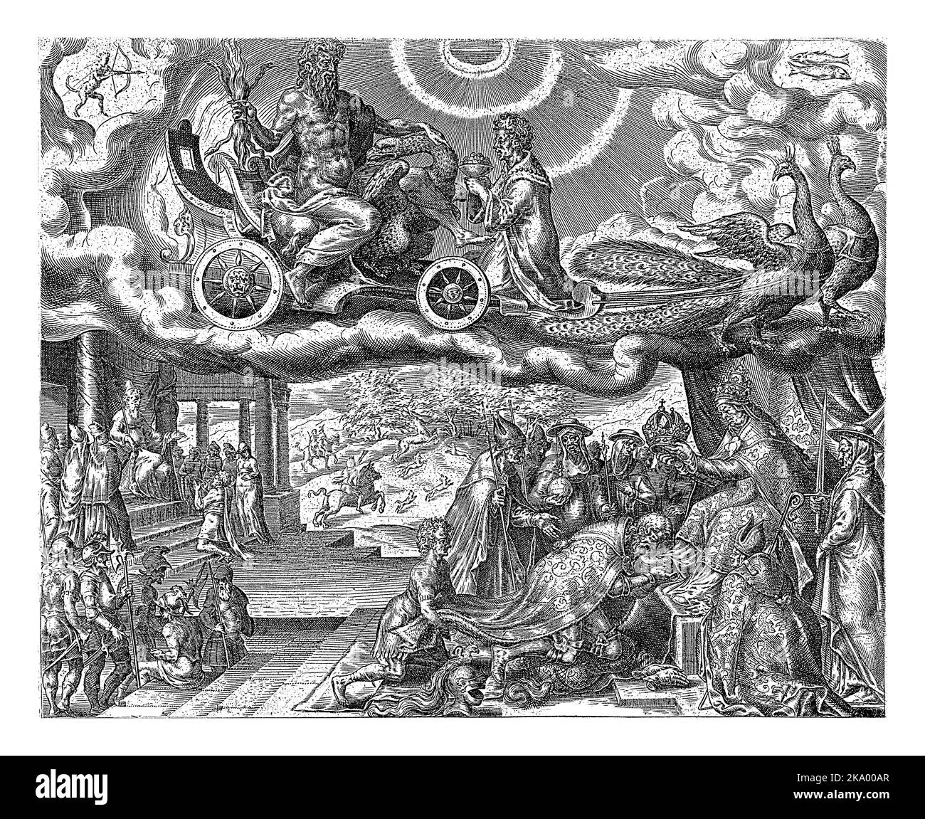 Jupiter rides in his chariot in the sky, pulled by two peacocks. The ...