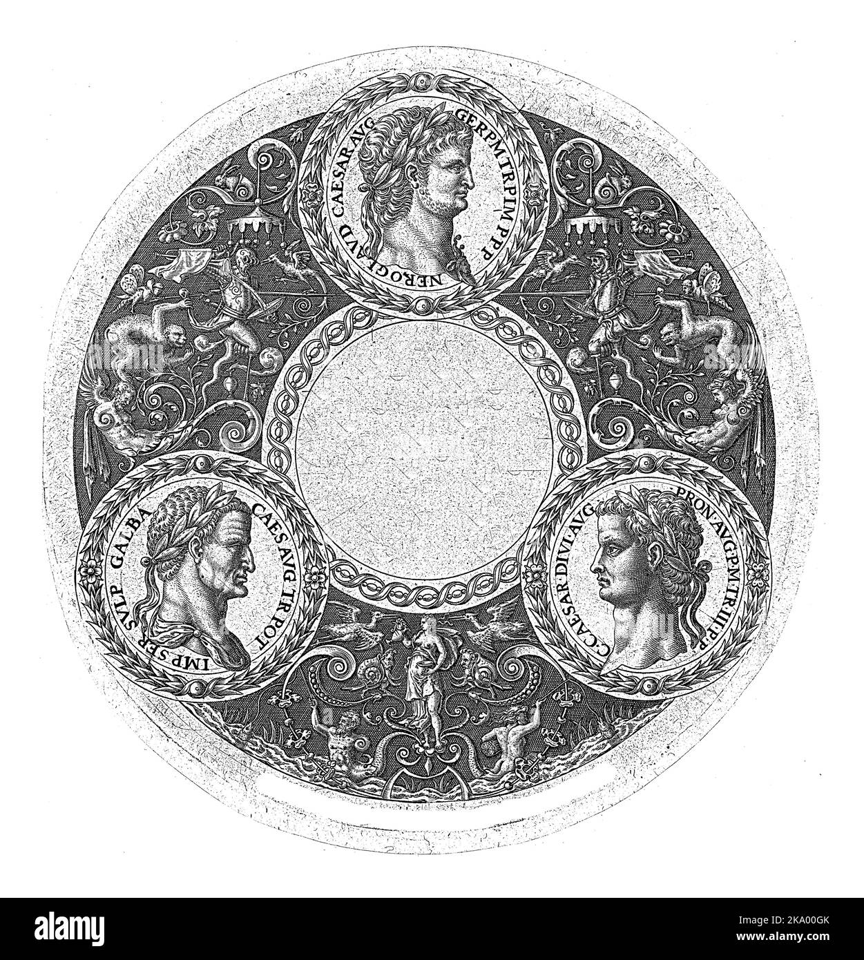 Medallion With Latin Text In A Wide Border With Grotesques On A Dark medallion-with-latin-text-in-a-wide-border-with-grotesques-on-a-dark