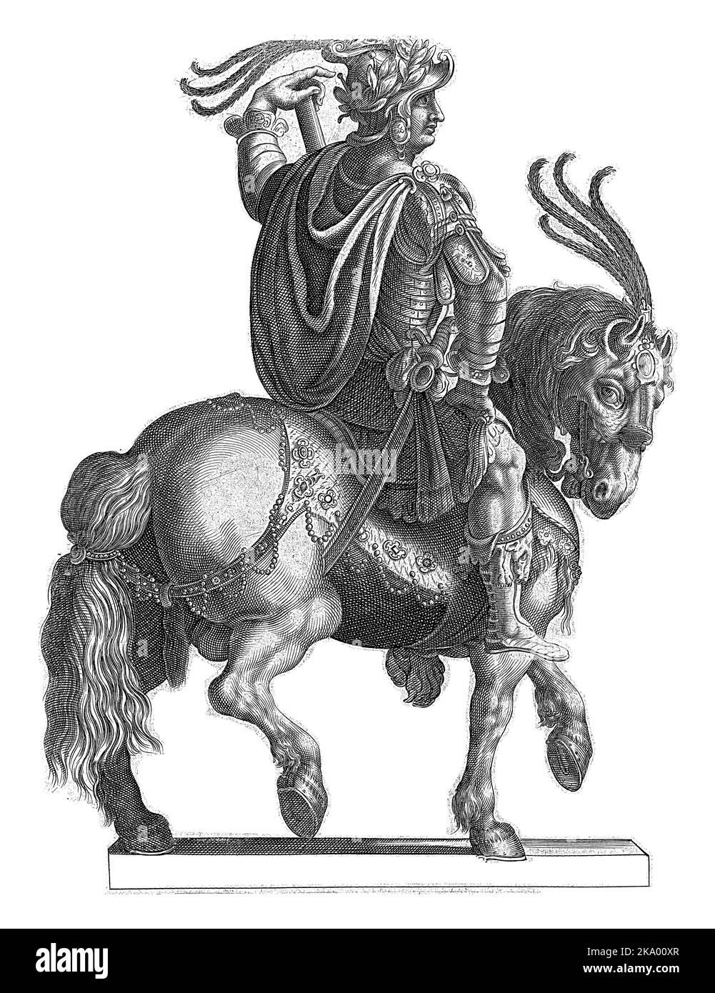 Emperor Tiberius on horseback, in profile depicted with one hand on his ...