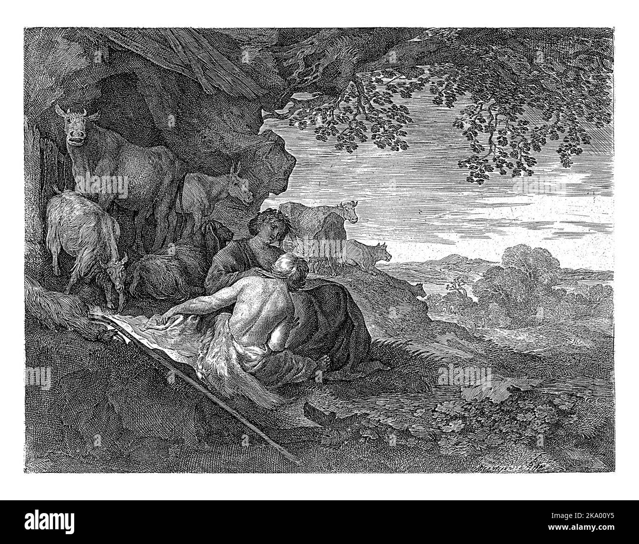 A shepherd, seen from the back, sits with a shepherdess, who looks at a ...