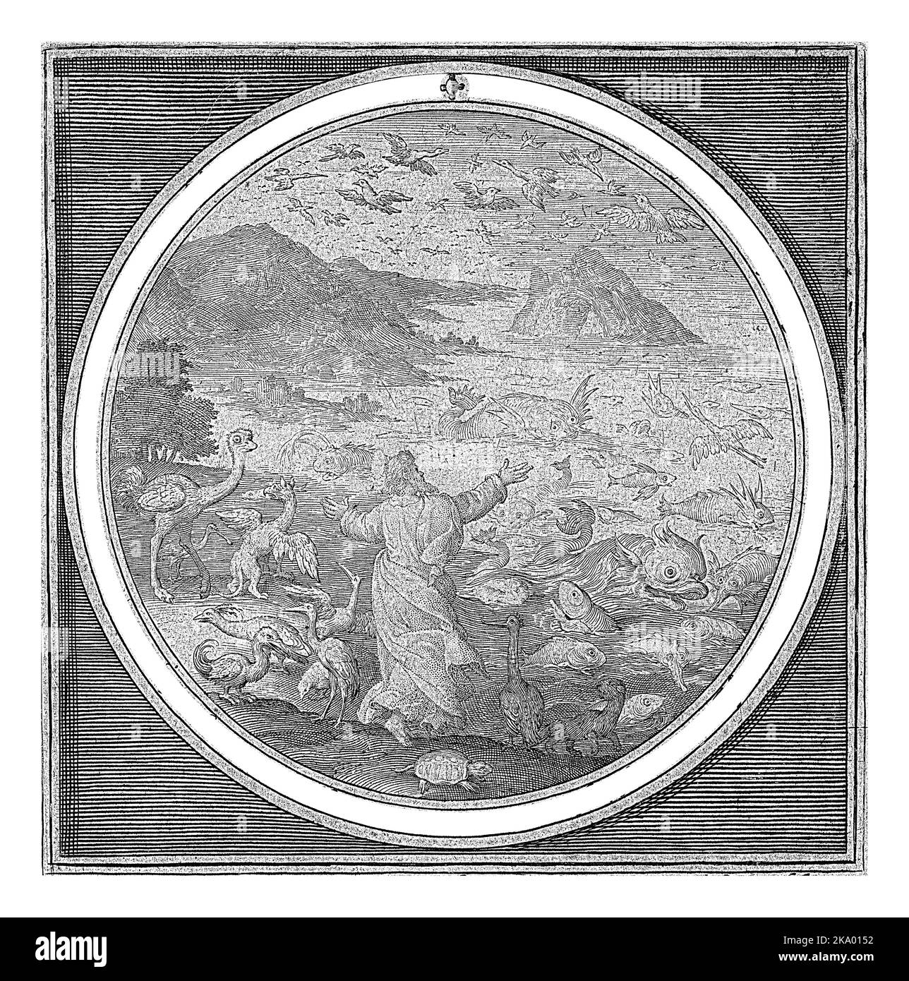 Fifth day of creation: God creates fish and birds so that the waters ...