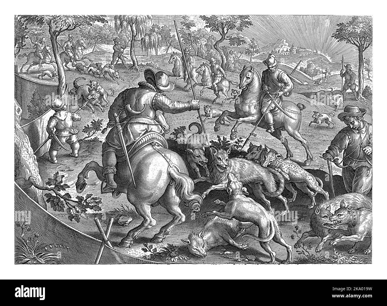 A wolf is hunted by dogs and then pierced with spears. The print has a ...