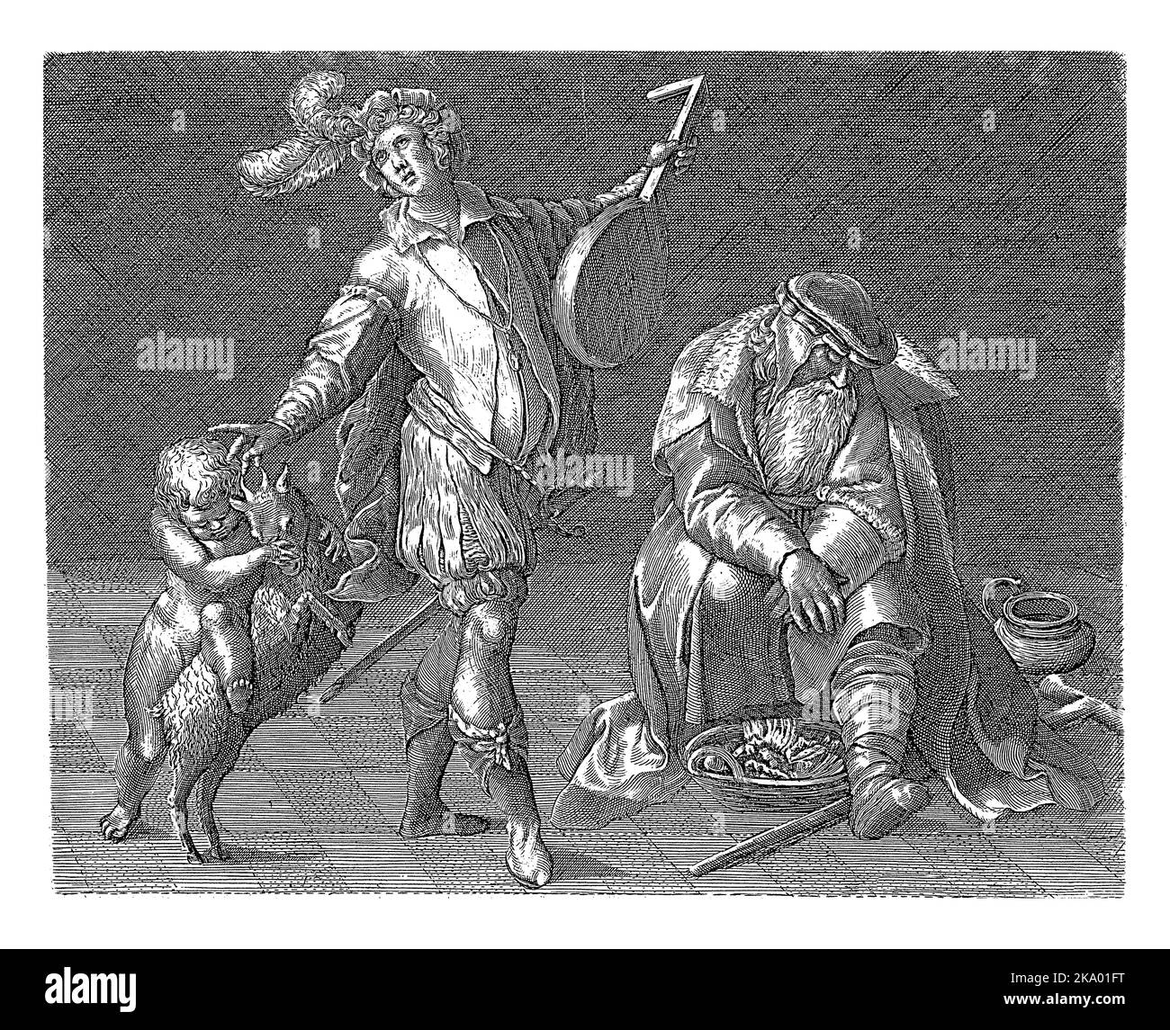 In the middle a young man with a lute in his hand. Next to him sits an ...