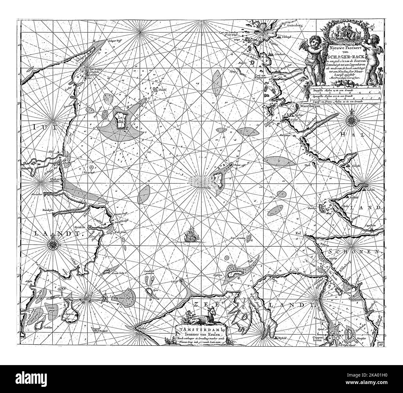 Map of Denmark with the Skagerrak and the Kattegat, with a compass rose ...