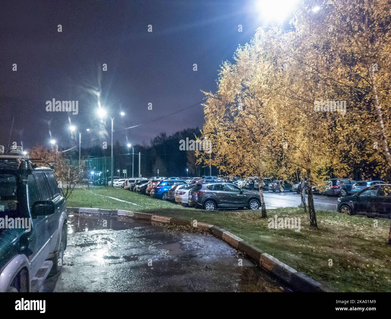 Autumn night view of the Moscow courtyard with yellow - the color of ...