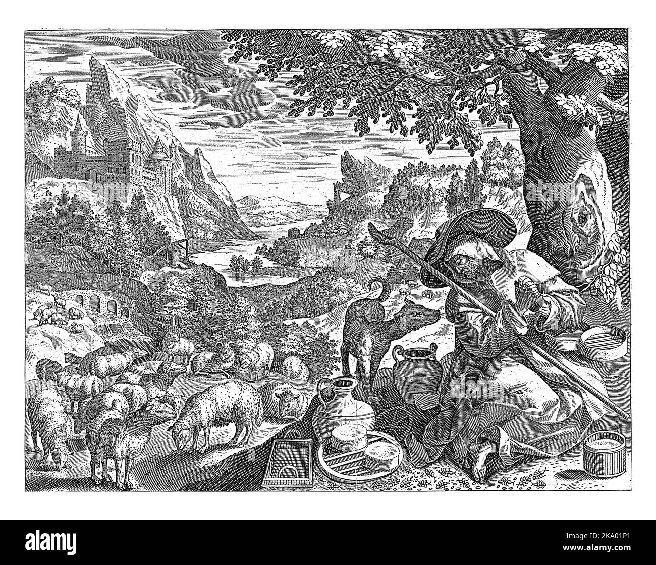 St. Malchus of Chalcis. He prays while tending sheep. In the background ...