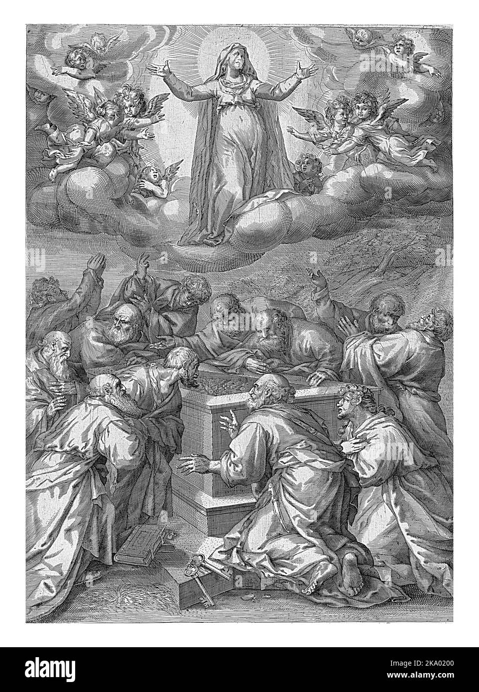 The Assumption of Mary, the twelve apostles stand around her empty ...