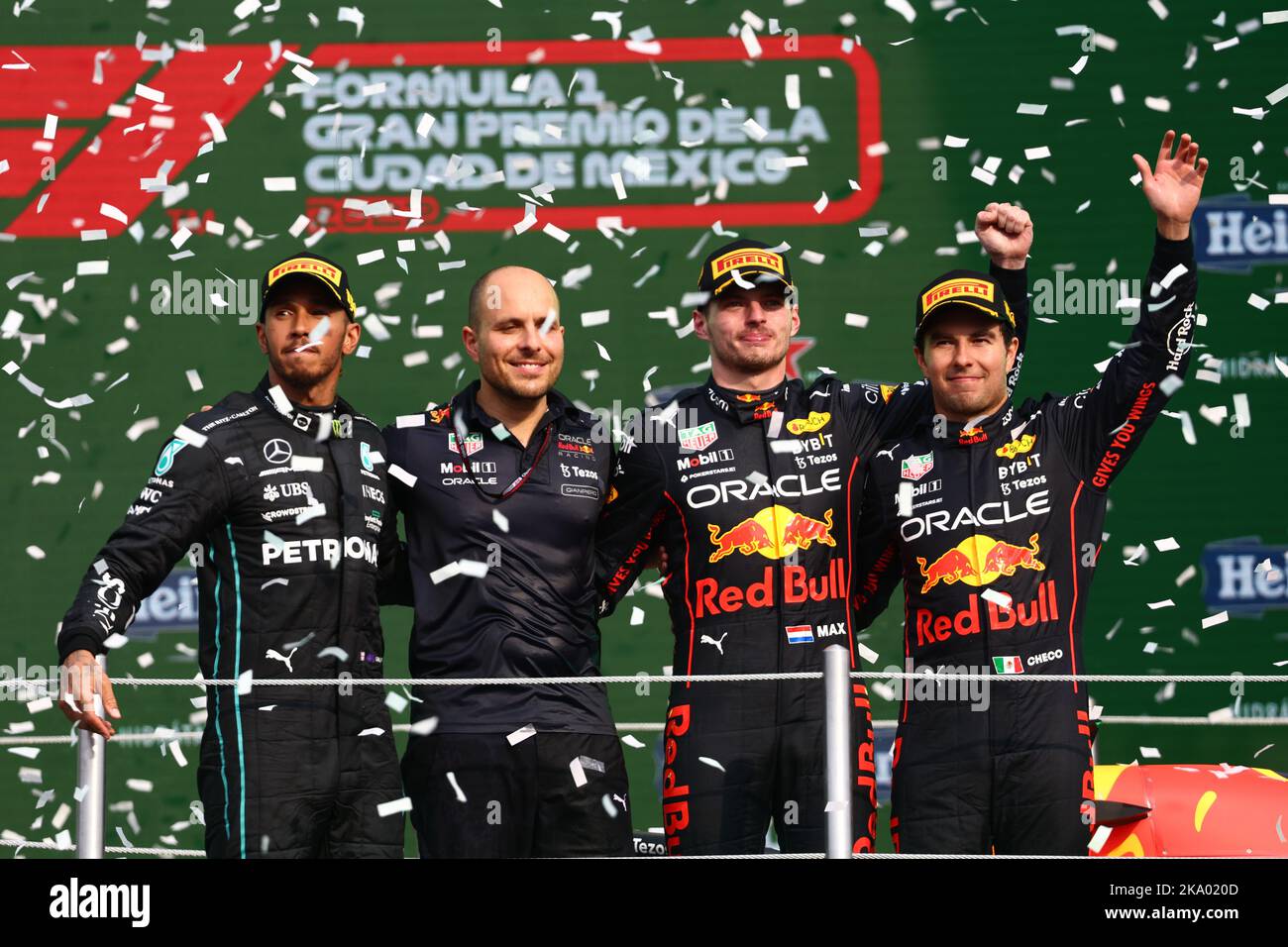 The podium (L to R): Lewis Hamilton (GBR) Mercedes AMG F1, second; Gianpiero Lambiase (ITA) Red ...