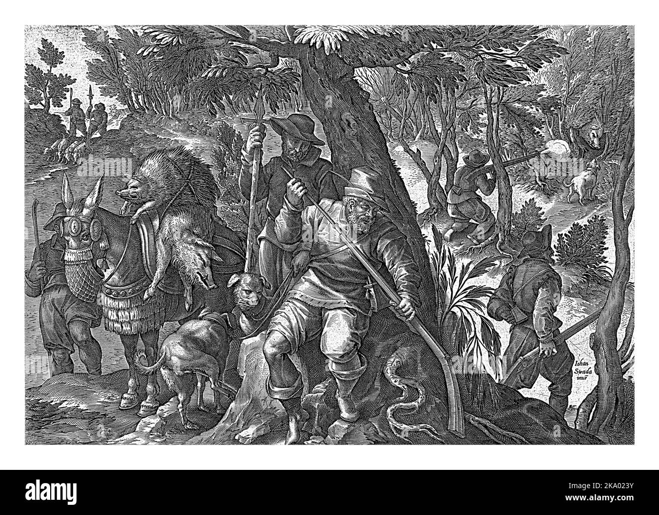 In the foreground under a tree is a hunter loading his rifle. Behind ...