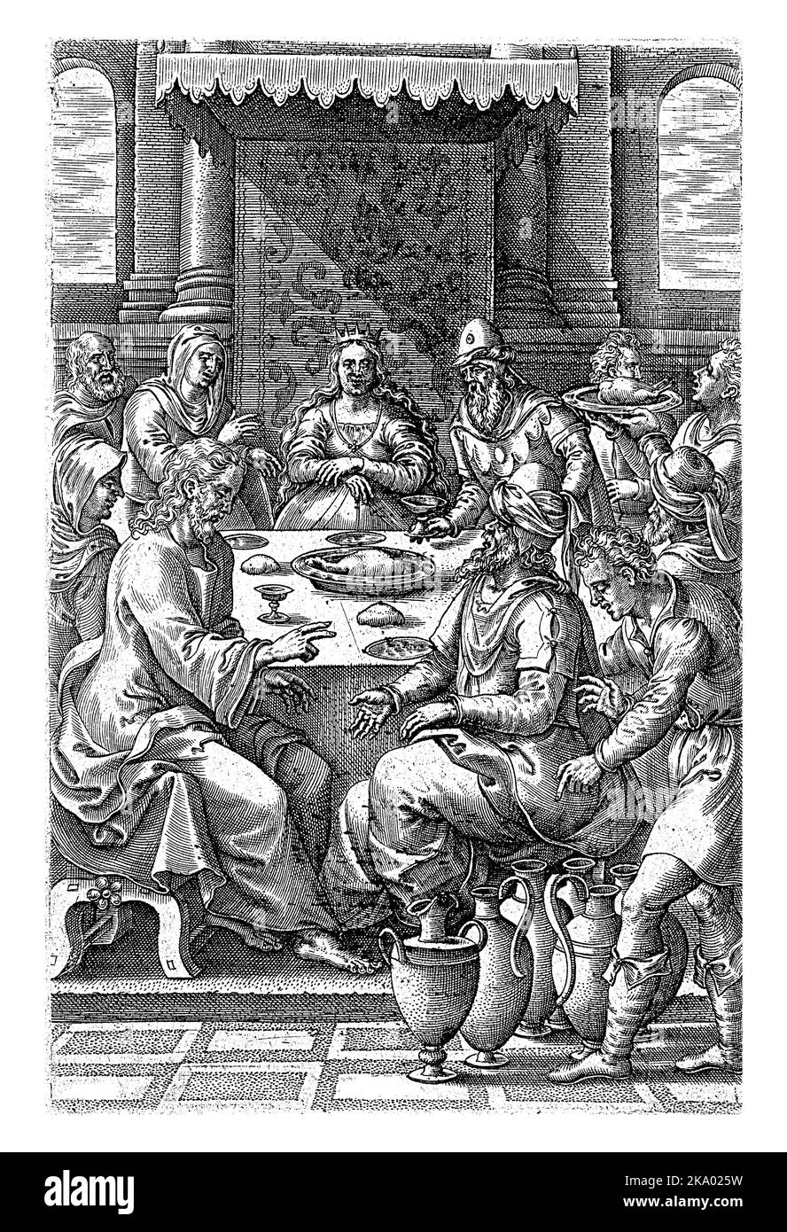 Wedding at Cana, Johannes Wierix, after Pieter van der Borcht, 1571 The bridal couple and the ...