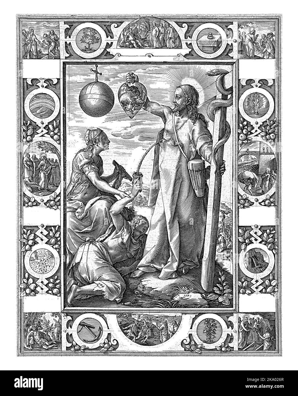 Christ standing with a cross in the left hand and a heart in the right ...