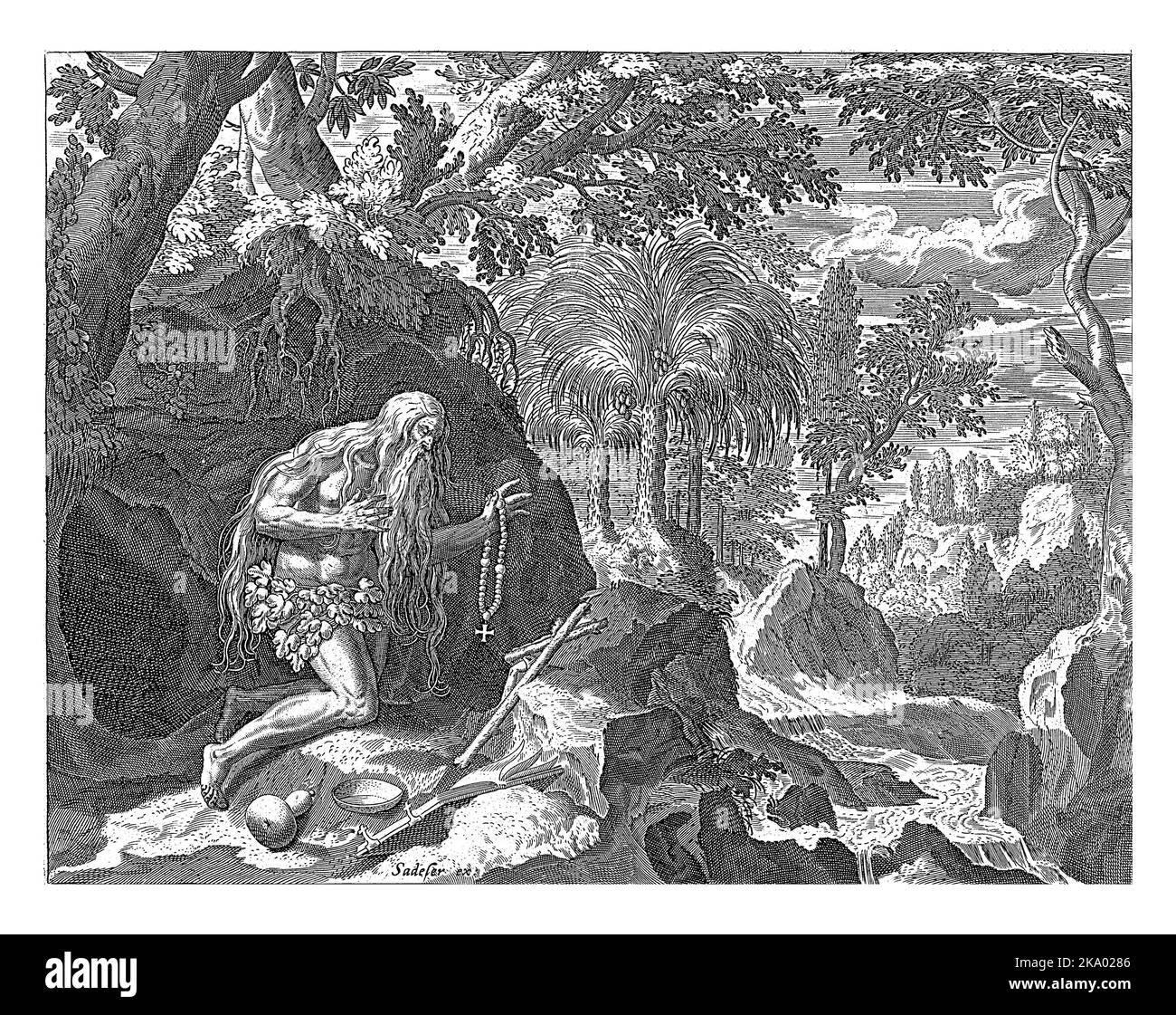 St. Onyphrius the Great as a hermit in front of a cave in the ...