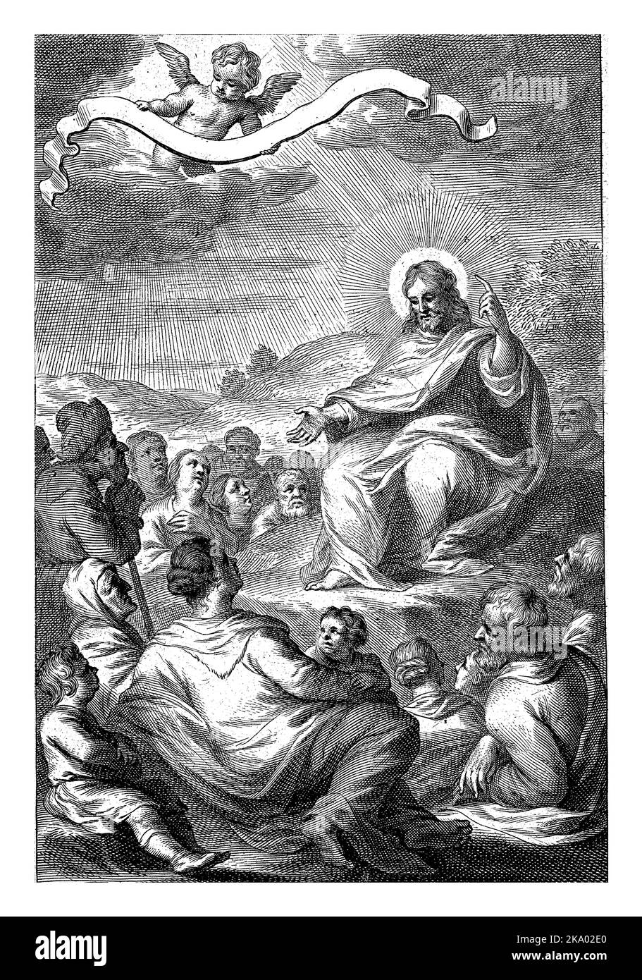 Christ delivers his Sermon on the Mount before the crowd. A little ...