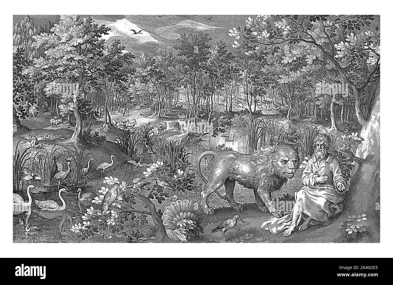 The prophet Jeremiah in the wilderness. Around him various wild animals ...
