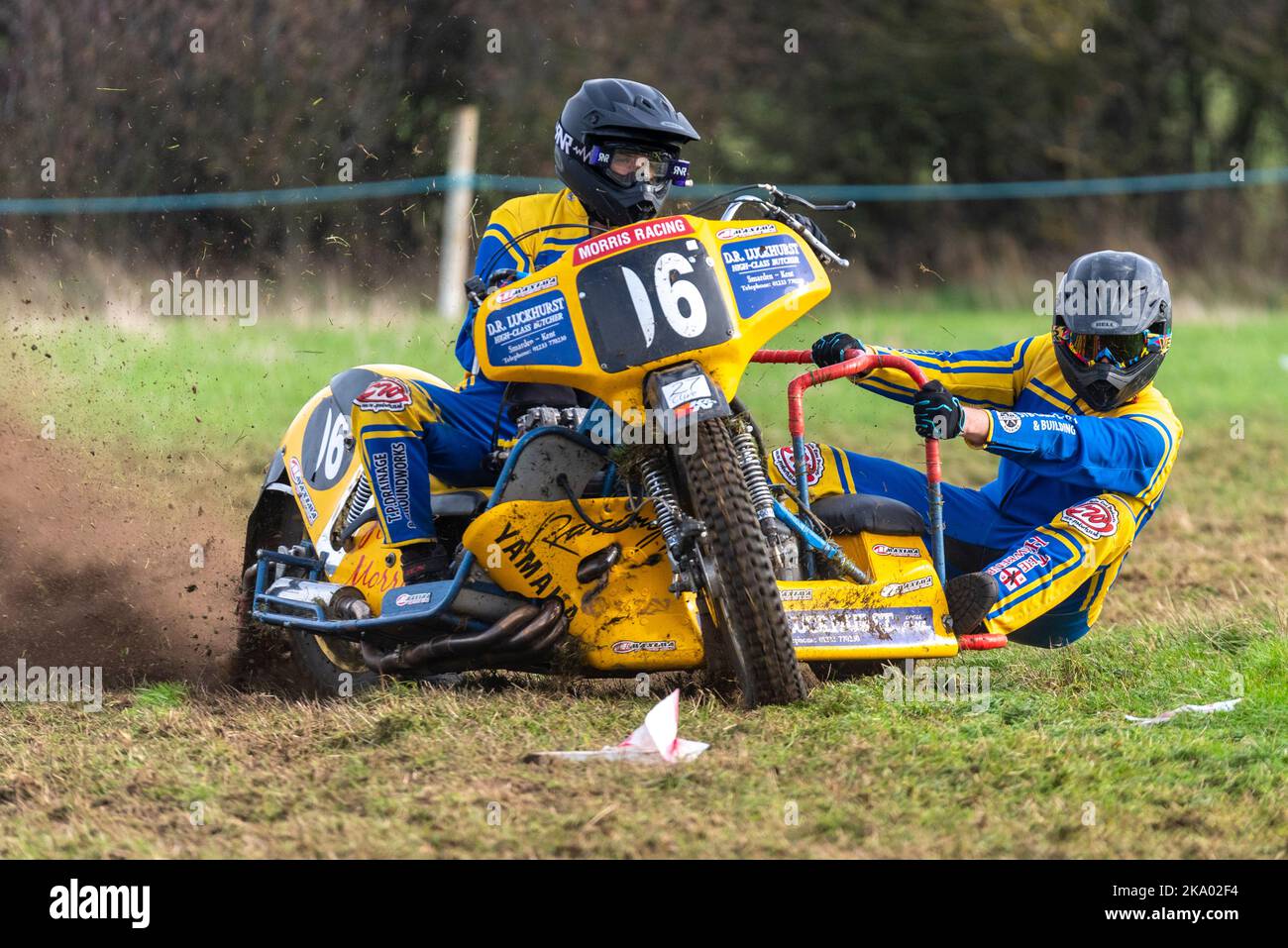 Josh Penfold, Dan Woodbridge racing in grasstrack motorcycle race ...