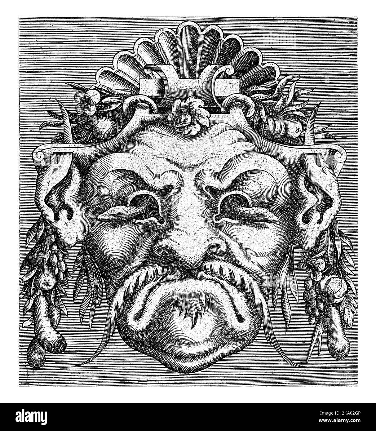 The mask has a shell on its head and fruit garlands on its ears. One of ...