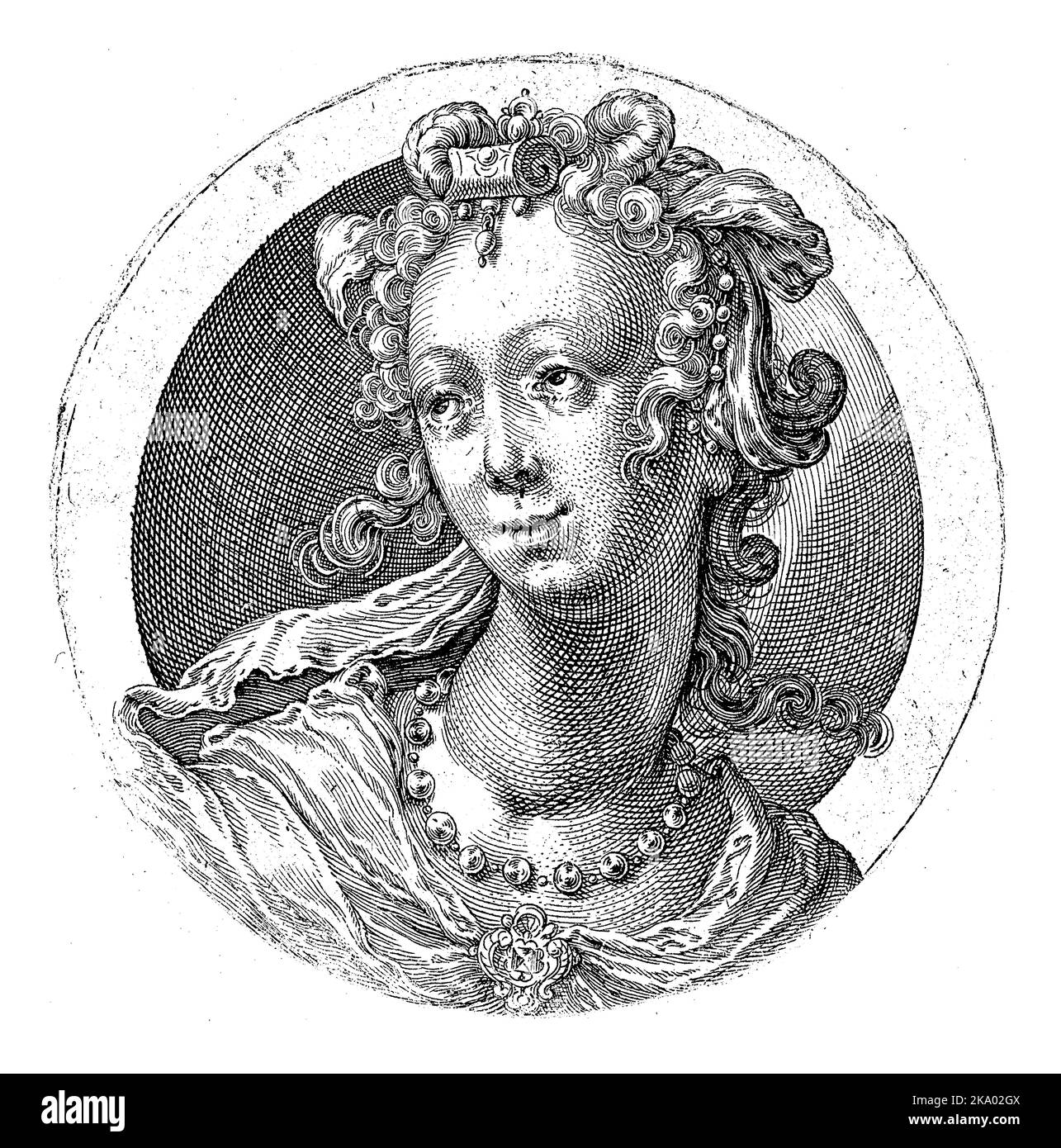 Round bust of the goddess Venus, a pearl necklace around the neck. This ...
