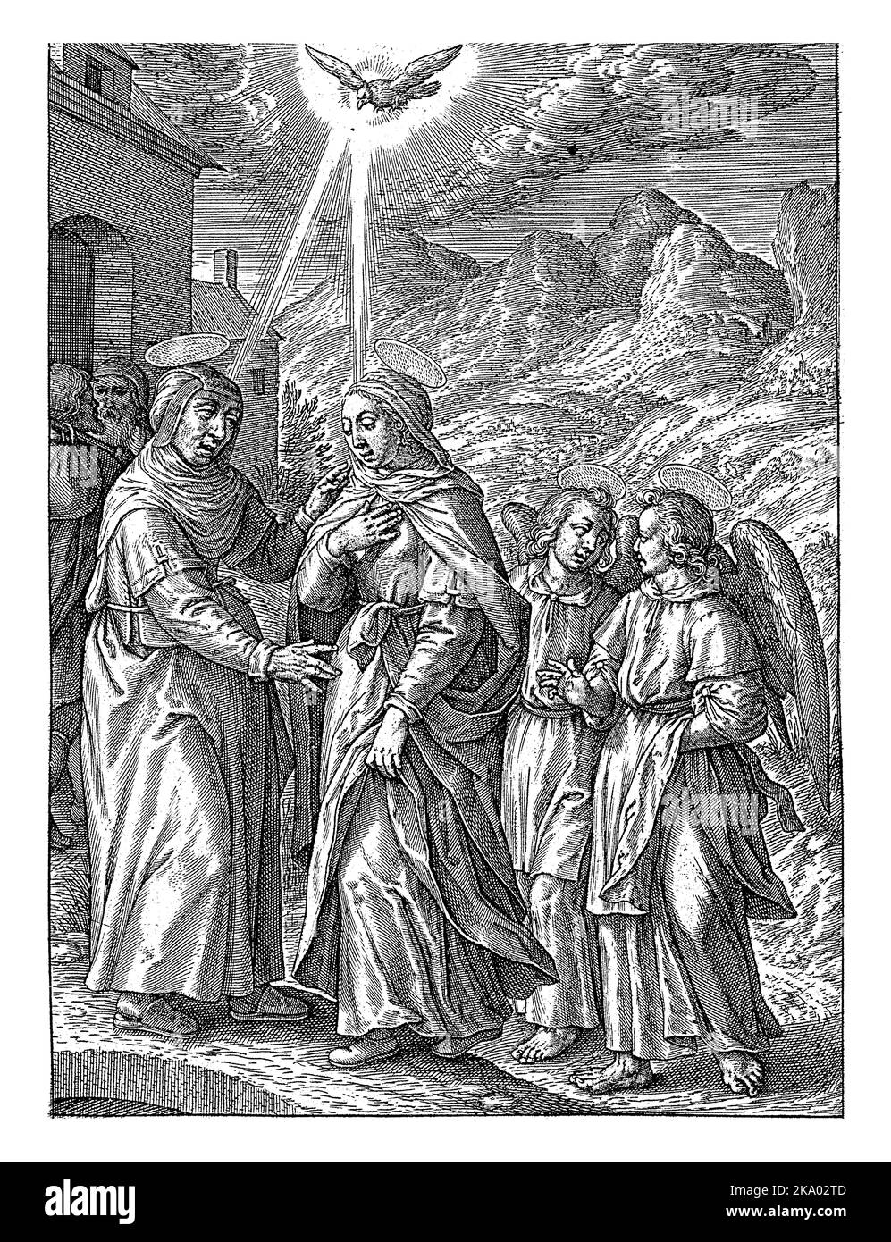Visitation, Hieronymus Wierix, 1563 - before 1619 Maria visits her cousin Elisabet. She is ...