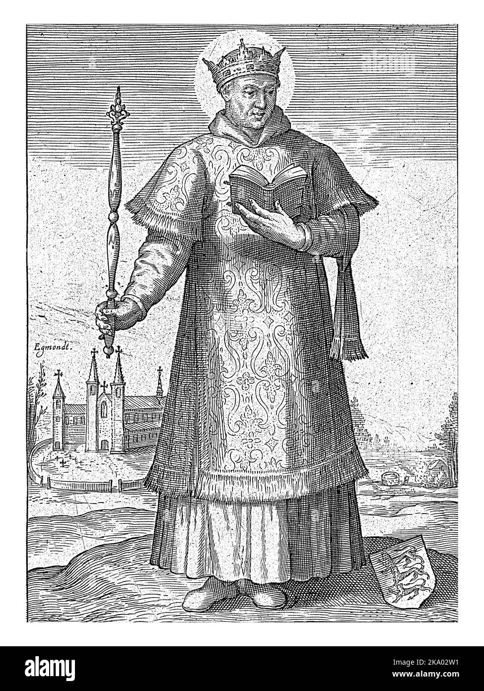 Saint Adalbertus van Egmond, standing in with a royal crown on the head ...