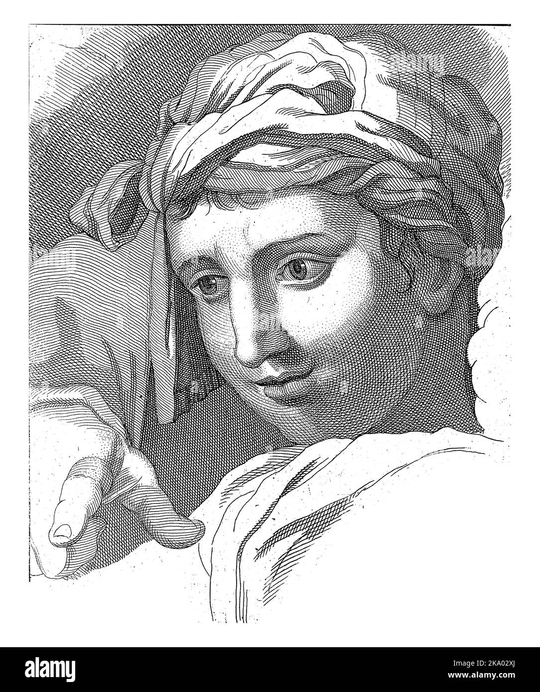 Study of a woman's head(?) with a headscarf and raised arm, three ...
