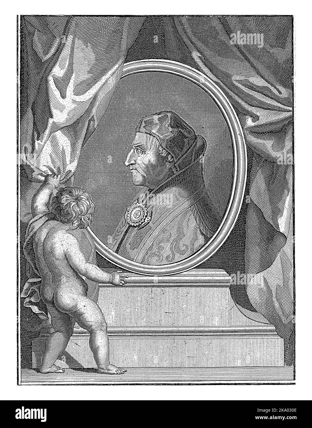 Bust portrait of Pope Pius II, with camauro. The portrait is set in an ...