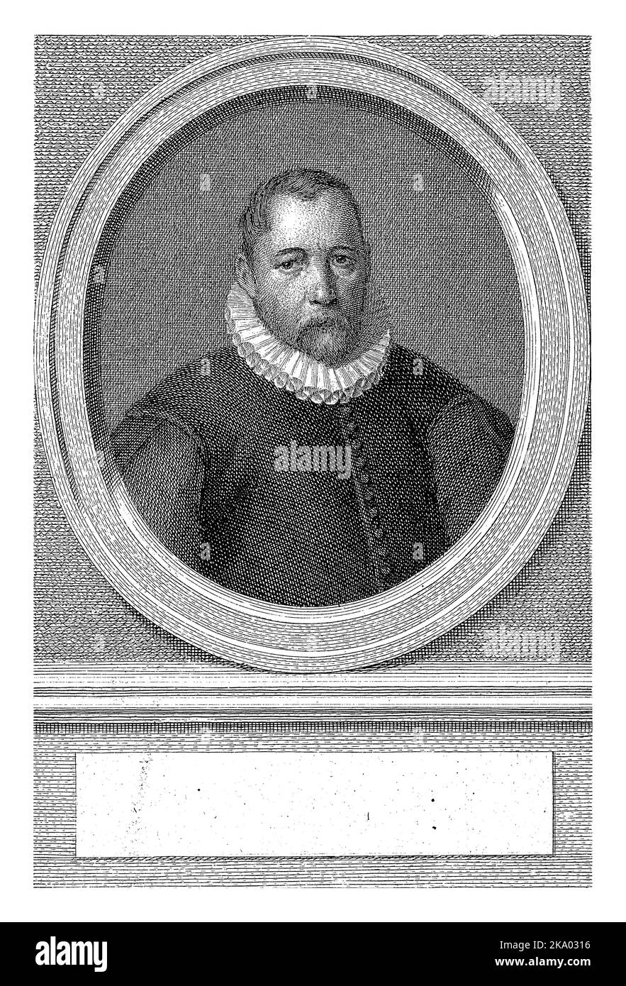 Portrait of the Haarlem mayor Pieter Janszoon Kies in an oval. The portrait rests on a plinth ...